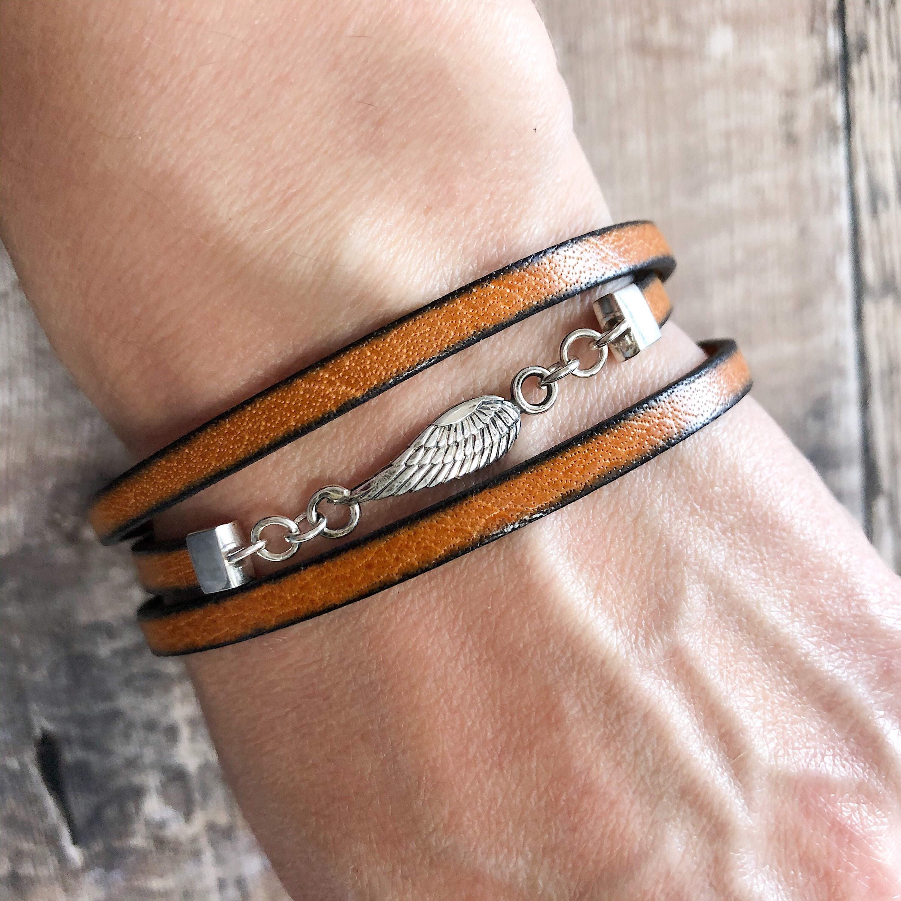 Sideways Angel Wing Bracelet Sterling Silver & Leather | Etsy