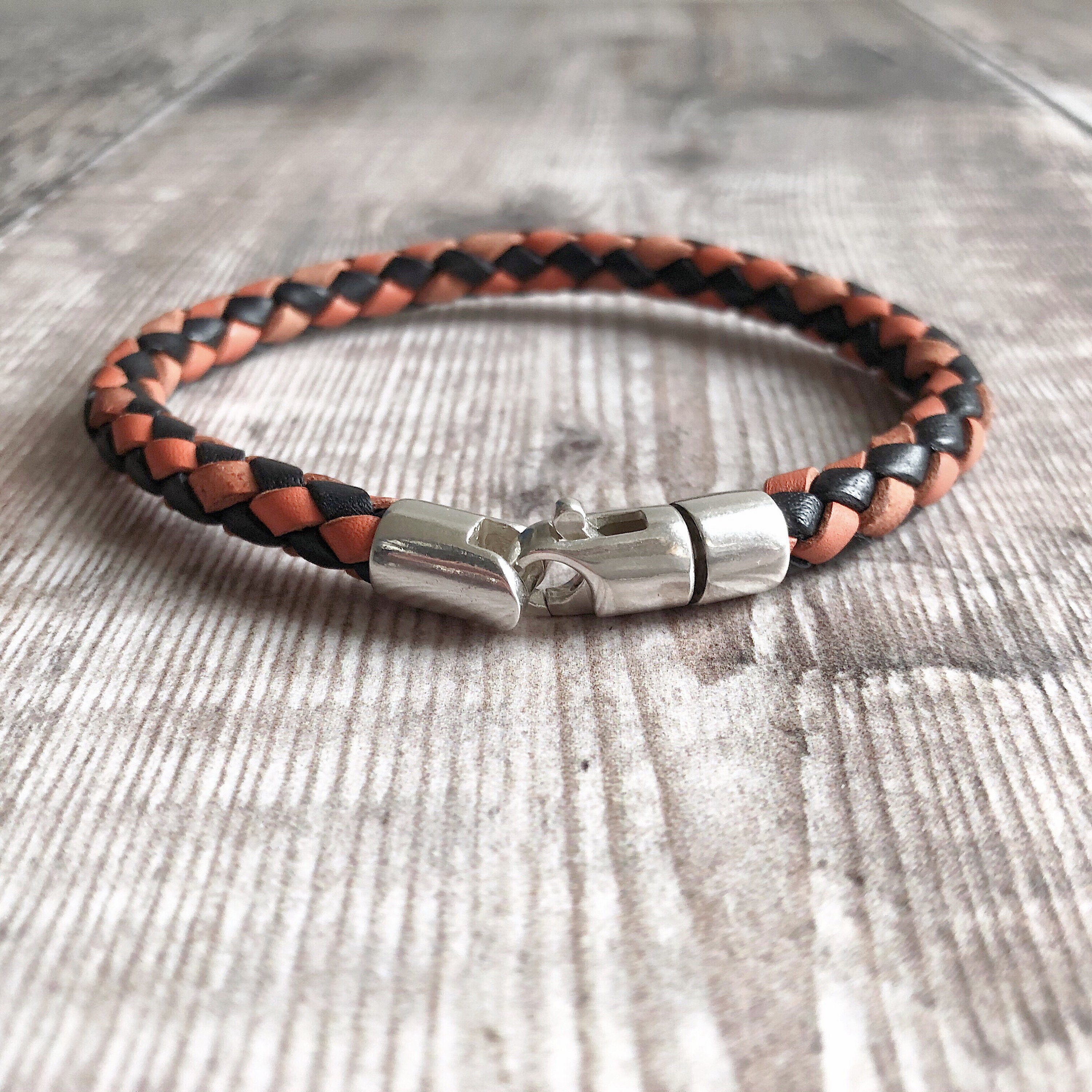 Two Tone Leather Bracelet Braided Leather Bracelet Sterling | Etsy