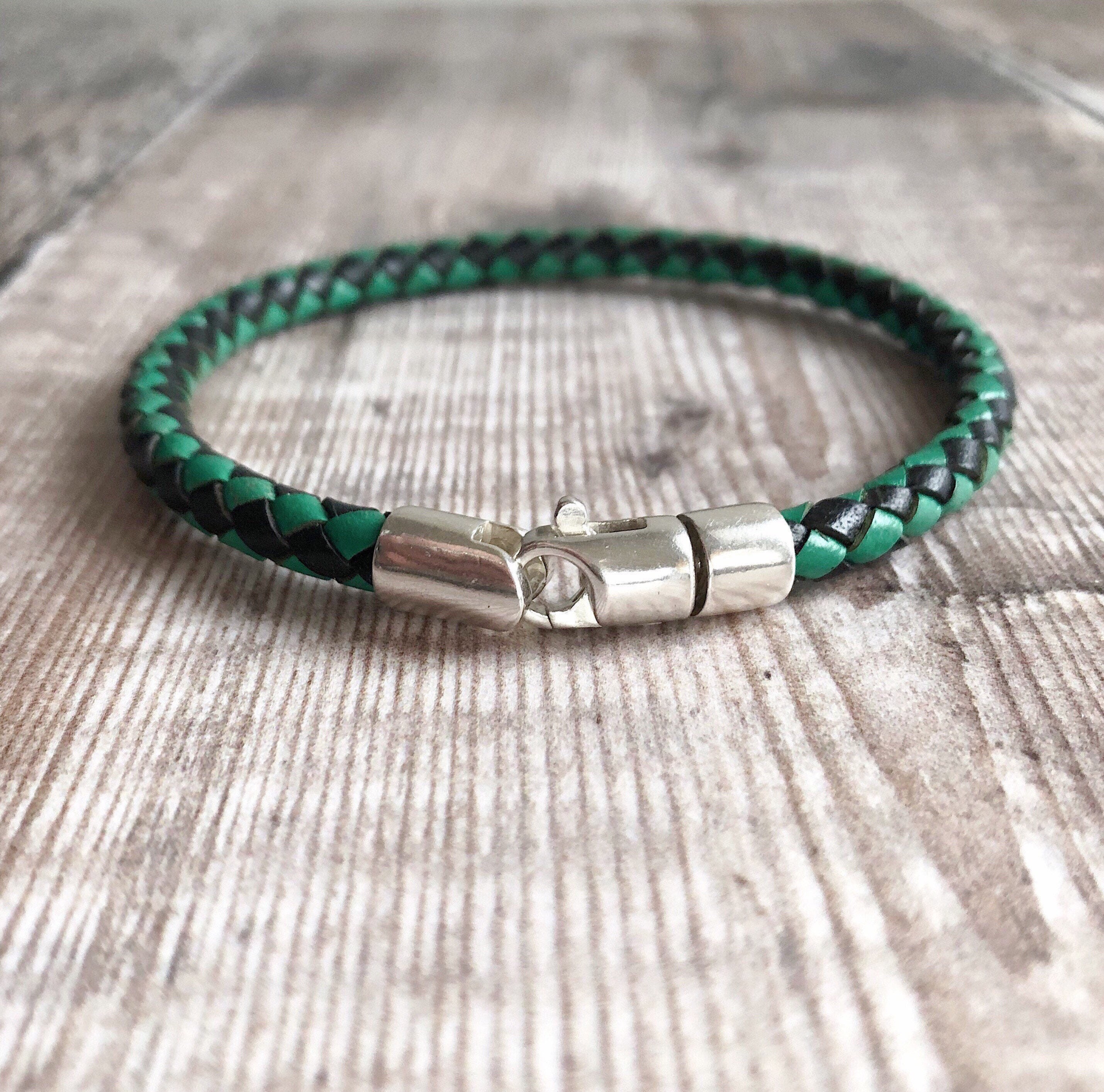 Two Tone Leather Bracelet Braided Leather Bracelet Sterling | Etsy