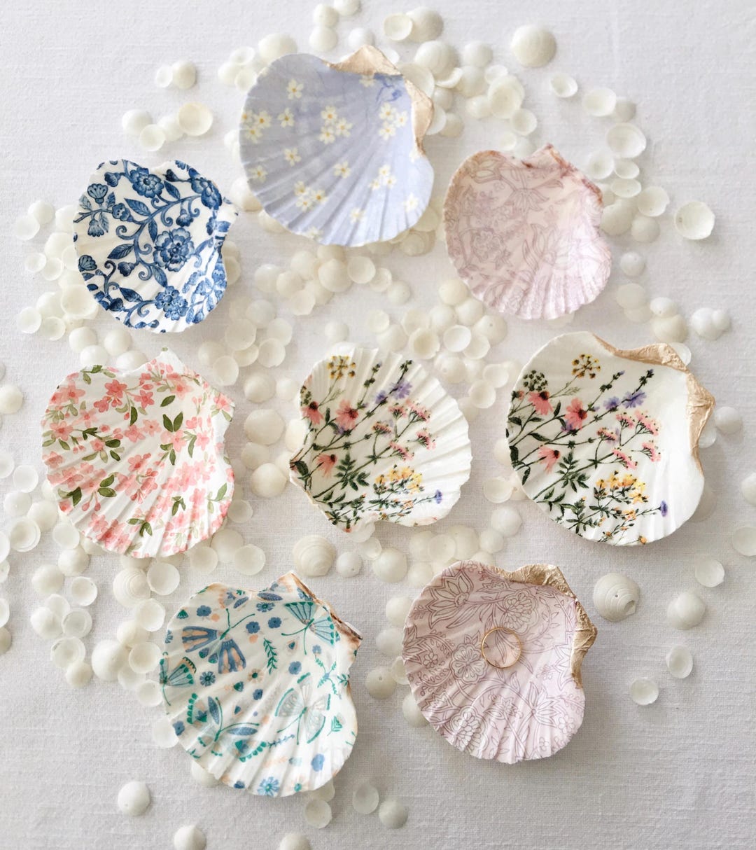 Scallop Seashell Ring Dish With Floral Design Coastal Home Decor, Beach ...