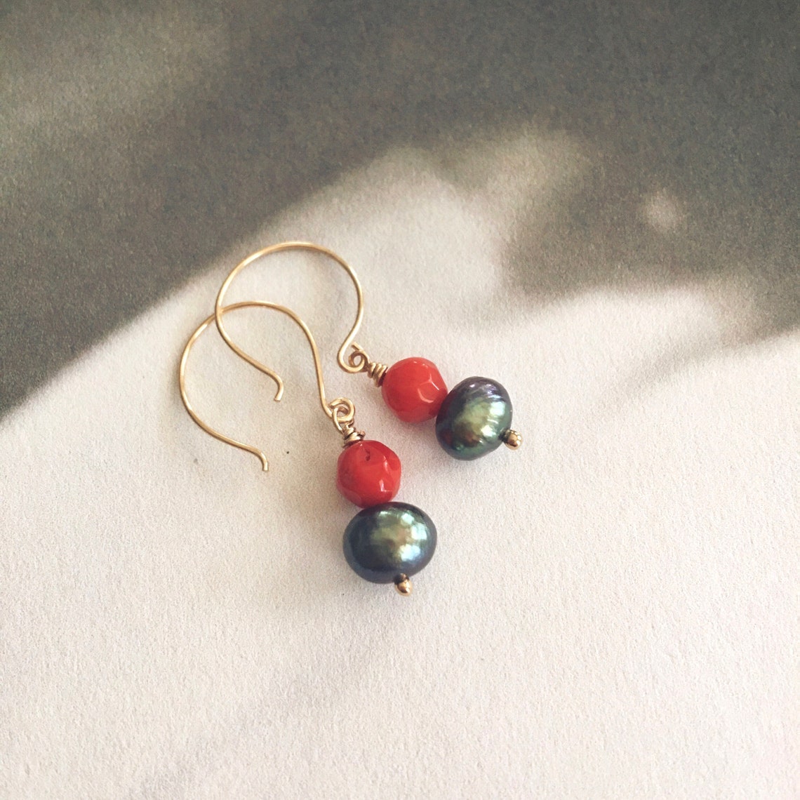 Pearl and Sea Coral Drop Earrings, Simple and Dainty, Naturally Elegant ...