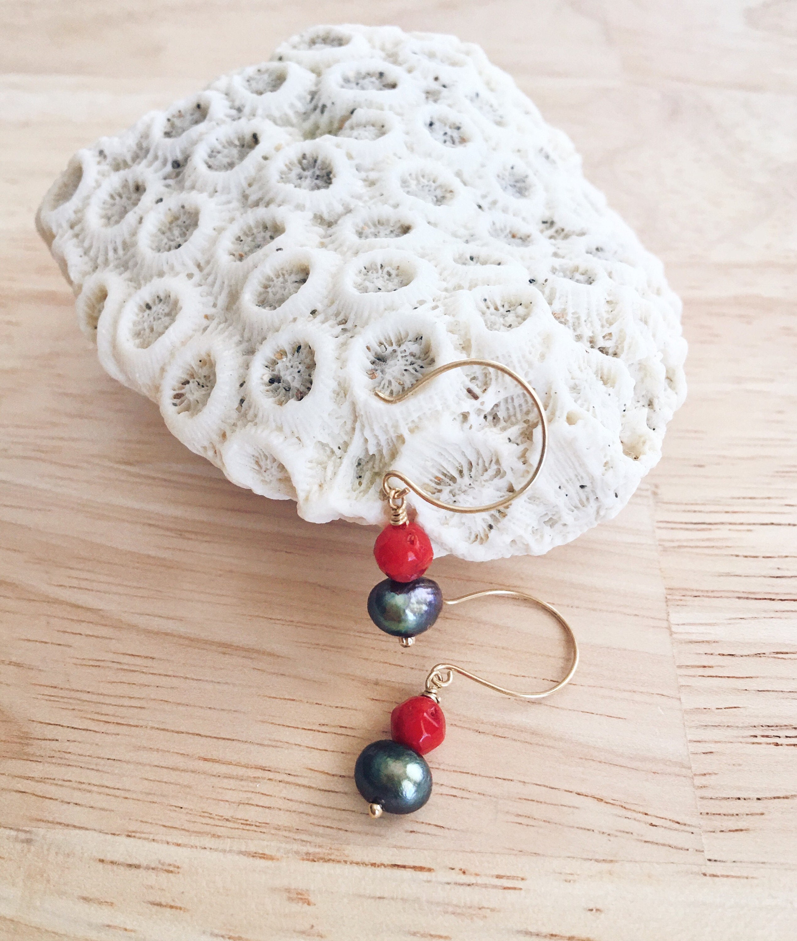 Pearl and Sea Coral Drop Earrings, Simple and Dainty, Naturally Elegant ...