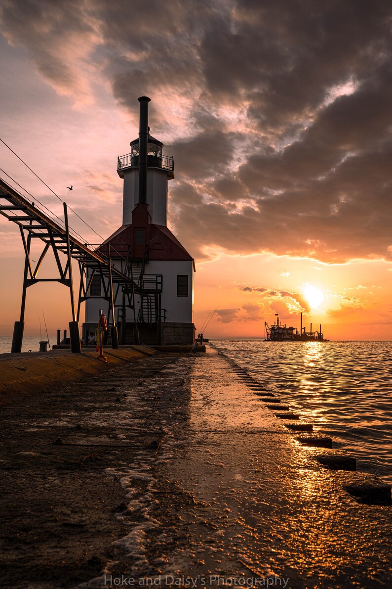 St. Joseph Lighthouse at Sunset on the Pier / Great Lakes Michigan ...