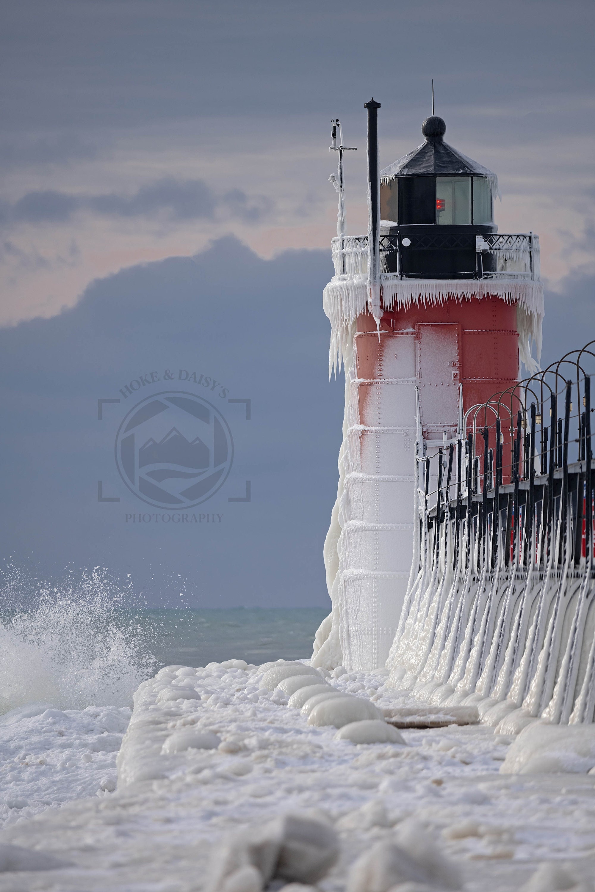 South Haven Lighthouse Iced Over Splash on Pier Vertical Print / Winter ...