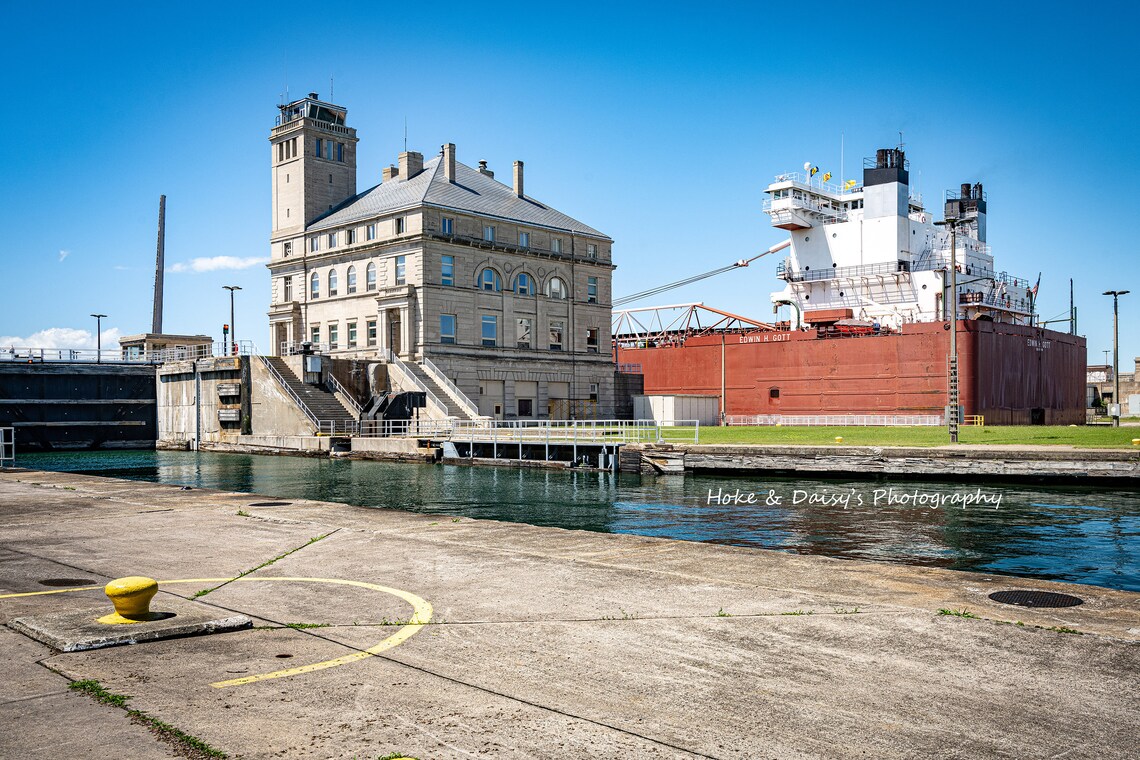 Soo Locks and Lake Freighter Boat Print / Great Lakes / Sault Ste Marie ...