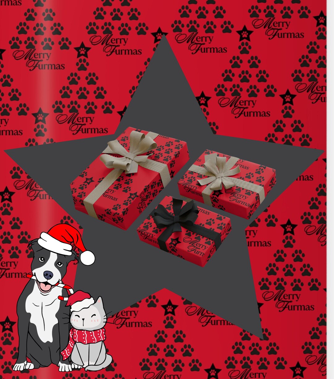 Christmas Paw Print Merry Furmas Wrapping Paper Roll, Dog Lover Gift ...