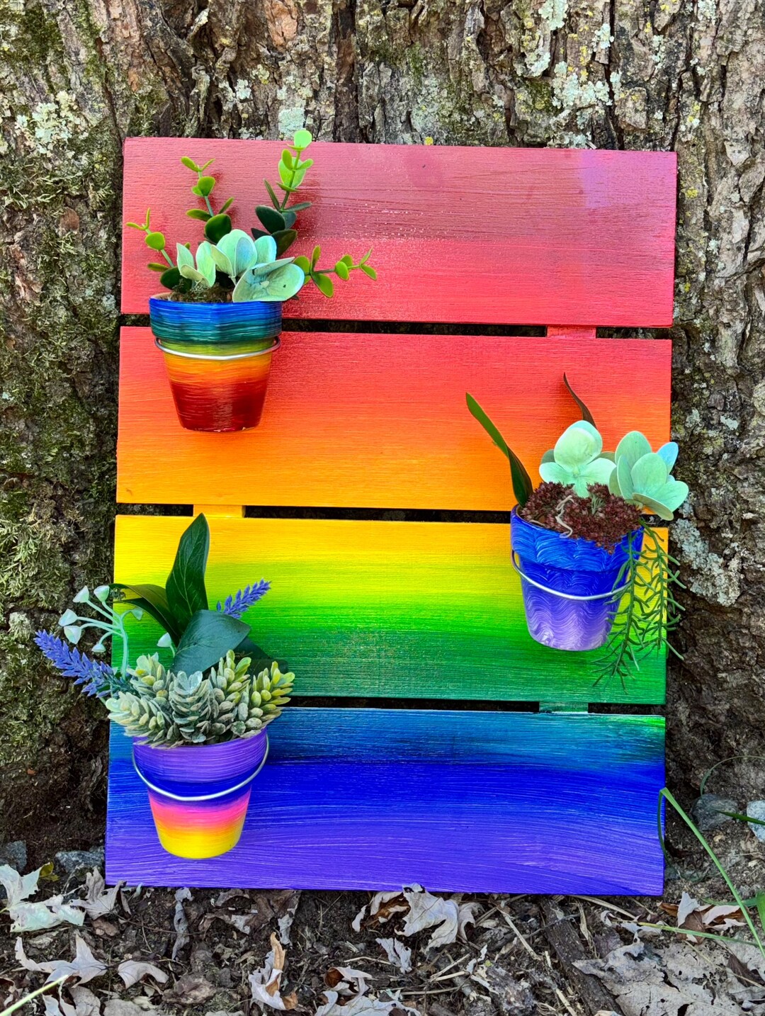 Rainbow Radiance: Hand-painted Wooden Plant Holder - Etsy