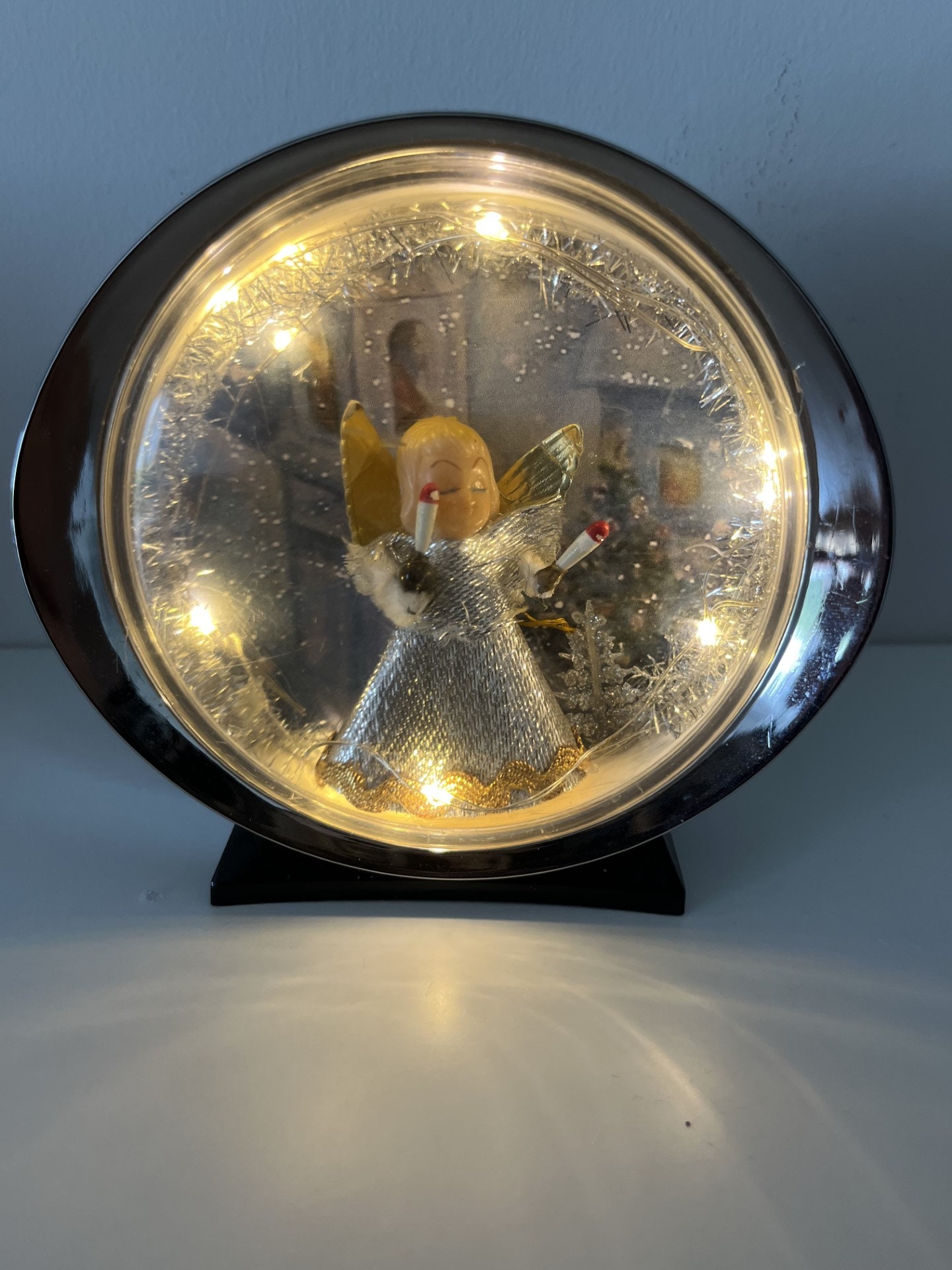 Vintage Angel Clock Diorama, Kitsch Christmas Miniature, Battery Lights ...
