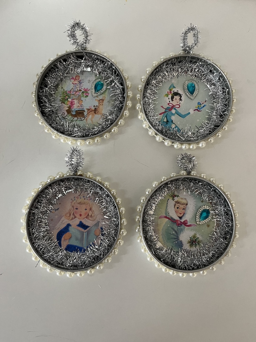 Set of 4 Upcycled Mason Jar Lid Ornaments, Retro Ornaments, Vintage ...