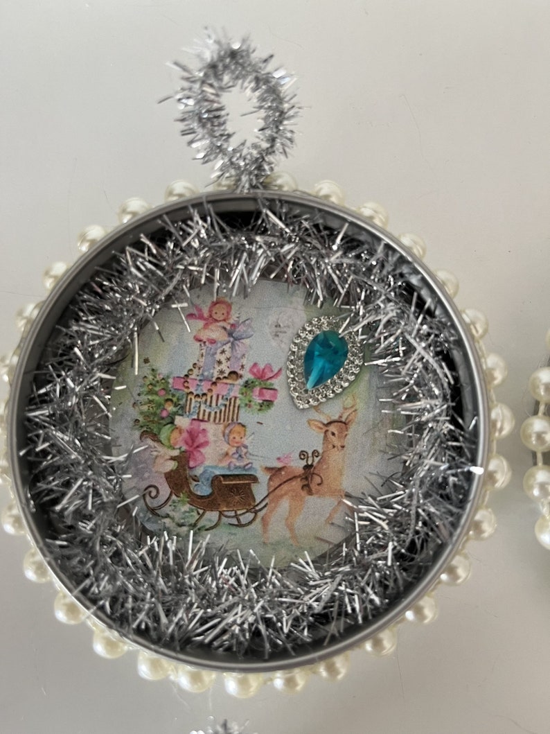 Set of 4 Upcycled Mason Jar Lid Ornaments, Retro Ornaments, Vintage ...