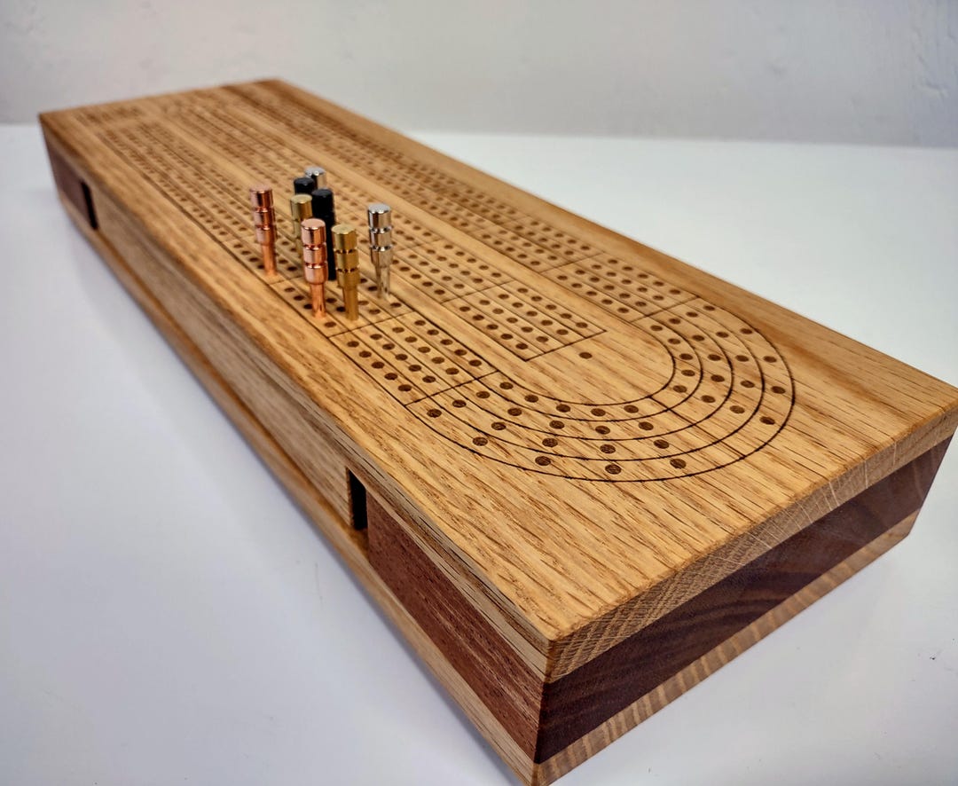 Oak Cribbage Board: 4-track Design With Card & Peg Storage - Etsy