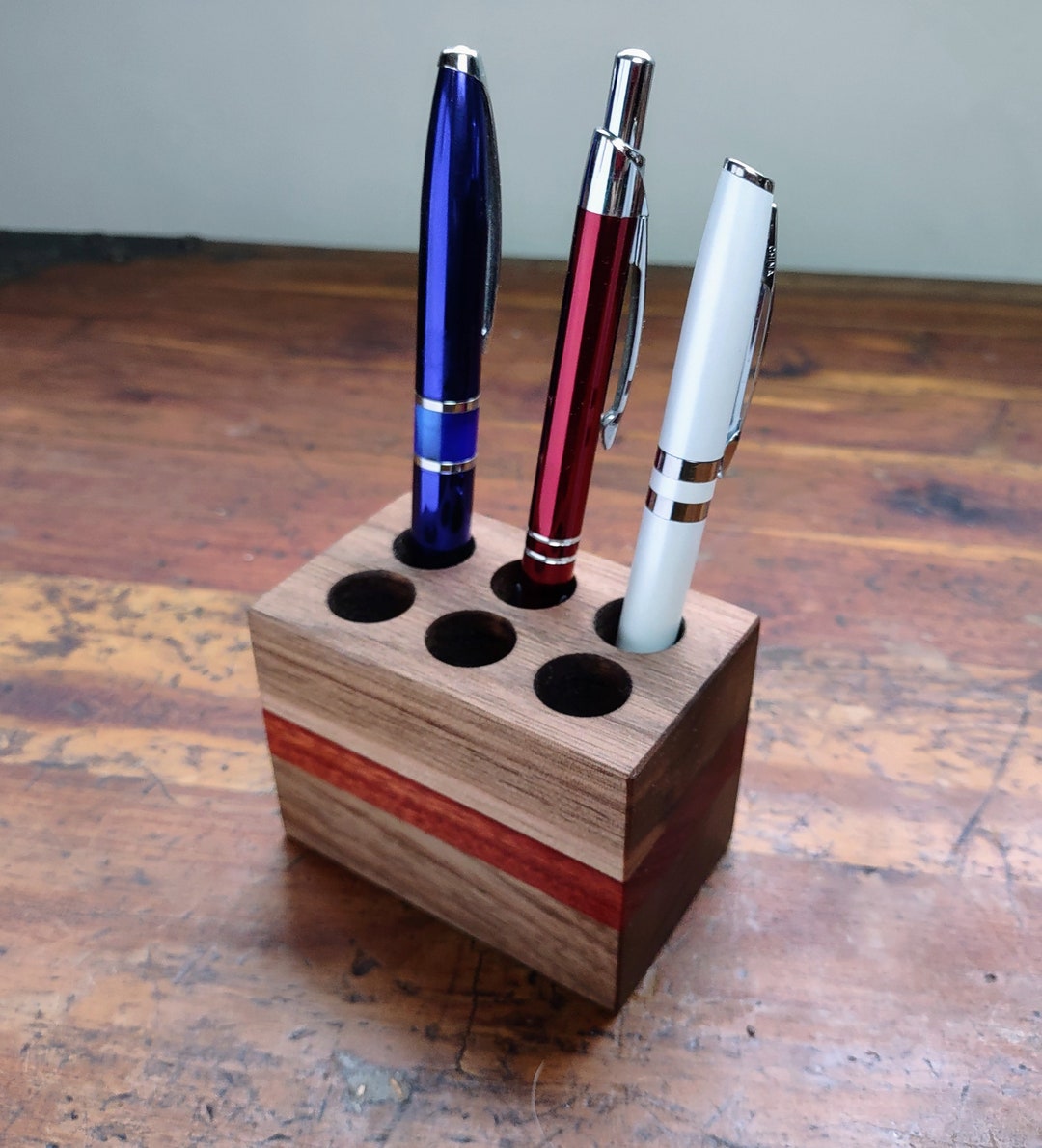 Pen Holder Handcrafted From Black Walnut & Bloodwood 6 Hole Fancy - Etsy