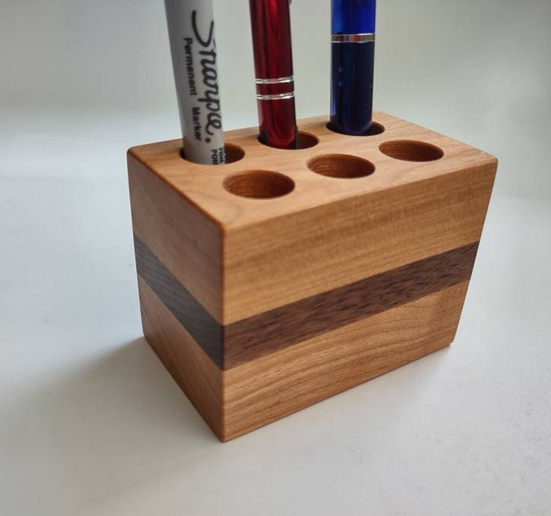 Pen Holder Handcrafted From Cherry and Black Walnut 6 Hole Engraveable ...