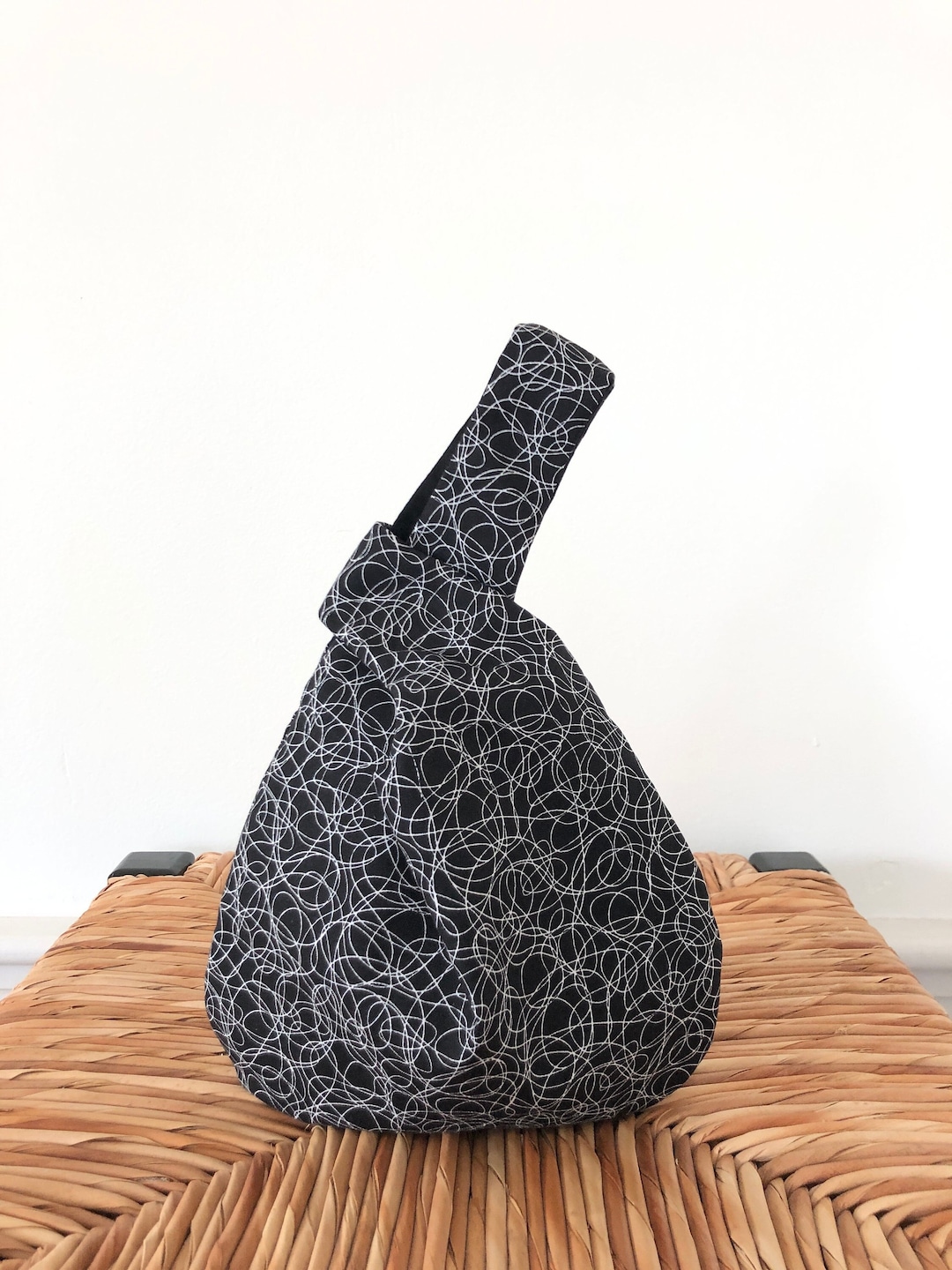 Small Knot Bag | White Scribbles on Black | Cotton Fabric Lining ...