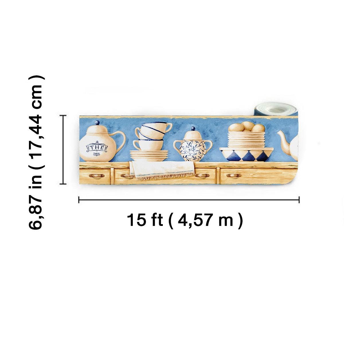 Blue French Country Kitchen Wallpaper Border 6.87 Inch – Teapot & Dish ...