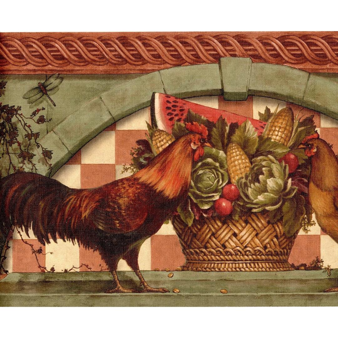 Farmhouse Rooster and Hen Wallpaper Border, Rustic Basket With ...