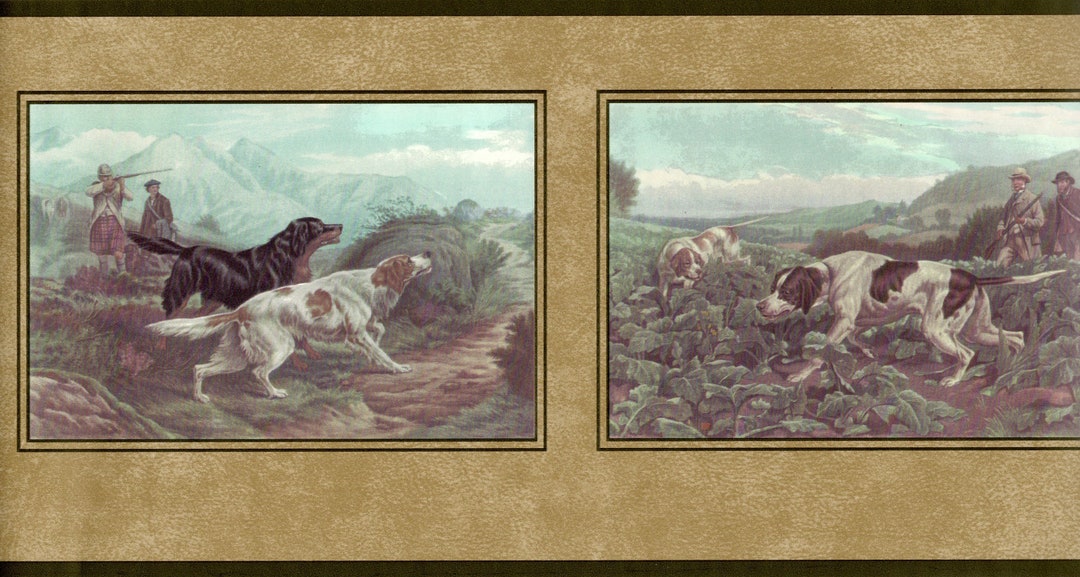 Country Hunting Outdoor Wallpaper Border, Vintage Hunting Dogs in Frame ...