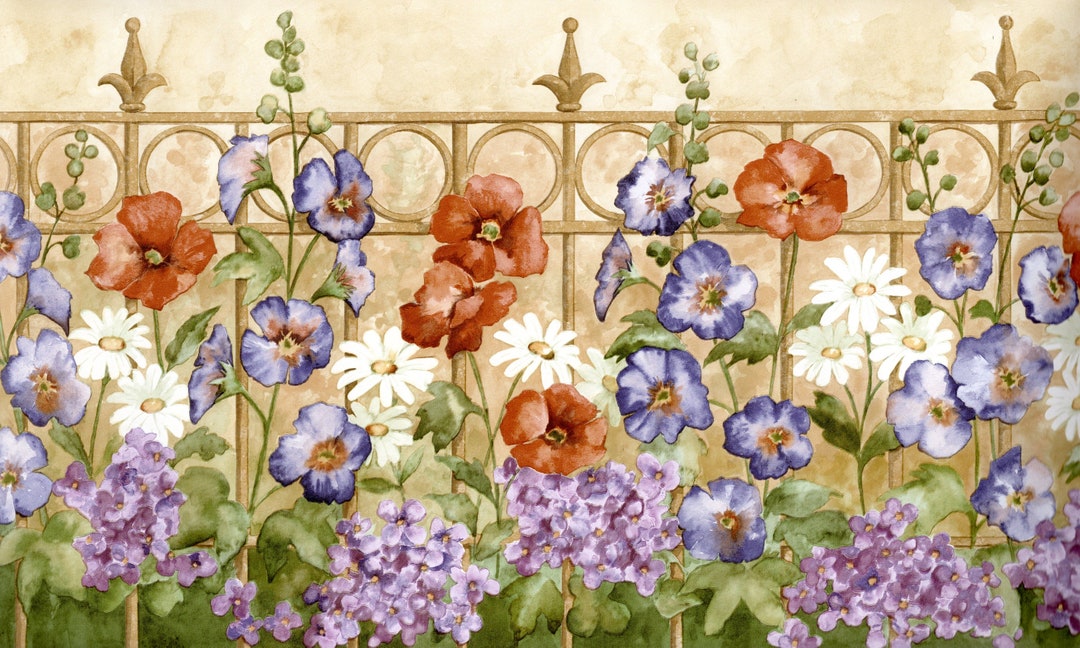 Flower Garden Botanical Wallpaper Border, Garden Gate Wall Border ...