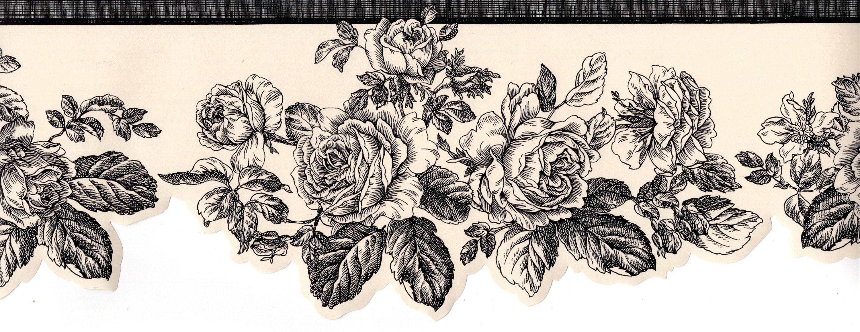 Cottage Rose Wallpaper Border, Vintage Black Line Rose Wallpaper ...