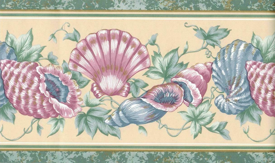 Traditional Seashell Wallpaper Border Blue Pink Seashell | Etsy