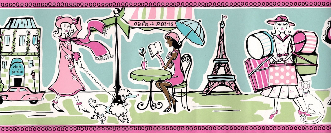 Parisian Kids' Room Wallpaper Border, Gigi Scooter Cafe Fashion Paris ...