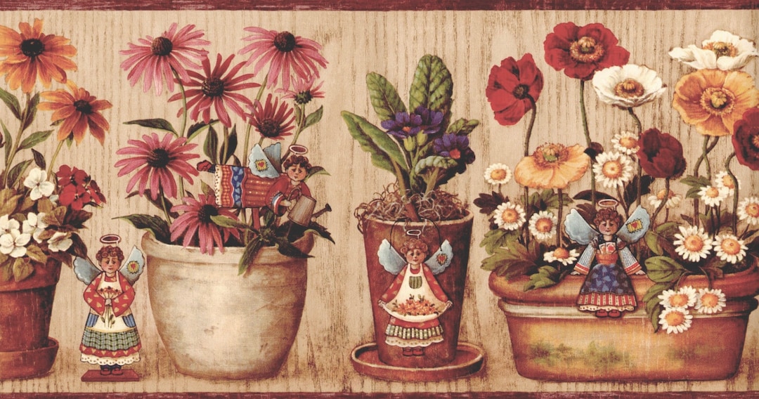 Flower Wallpaper Border, Primitive Sunflower Angel Daisy Gardening ...
