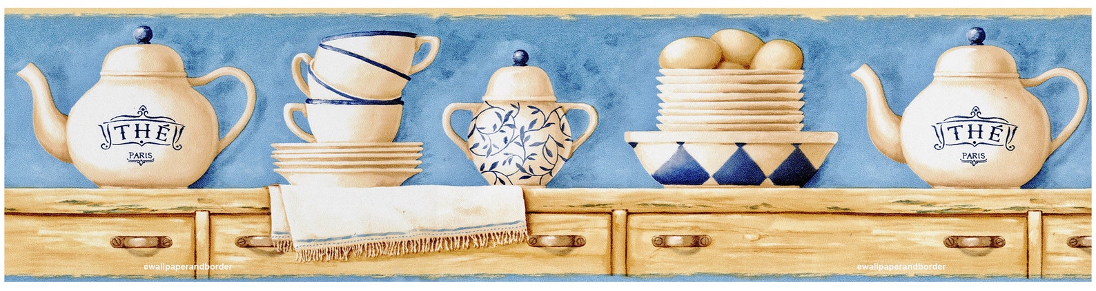 Blue French Country Kitchen Wallpaper Border 6.87 Inch – Teapot & Dish ...