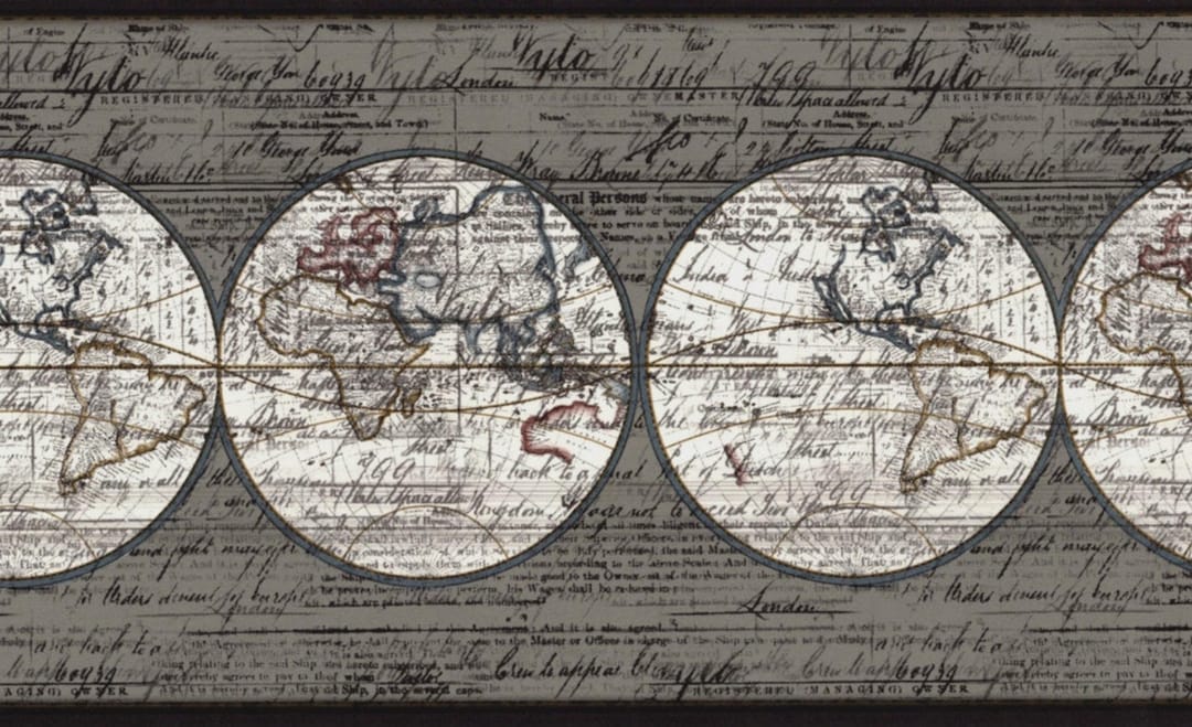 Vintage World Map Wallpaper Border 9 Inch, Antique Cartography Script ...