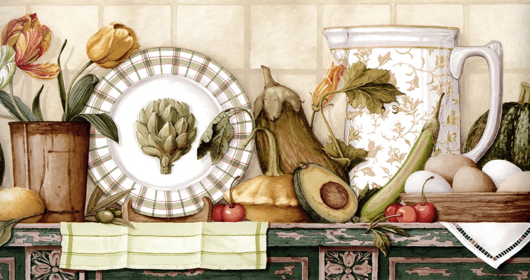 Kitchen Wallpaper Border, Flower Fruits & Vegetables on Country Kitchen ...