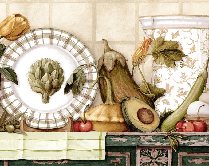 Kitchen Wallpaper Border, Flower Fruits & Vegetables on Country Kitchen ...