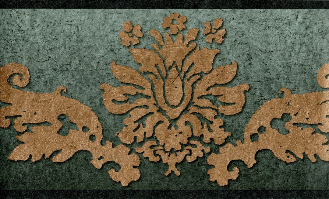 Gold Damask Wallpaper Border – Teal Green Victorian Scroll, Traditional ...