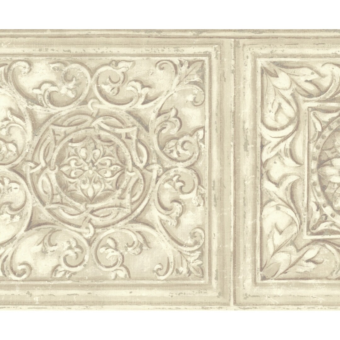 Faux Carved Wood Wallpaper Border, Tan Cream Medallion Floral Arabesque ...