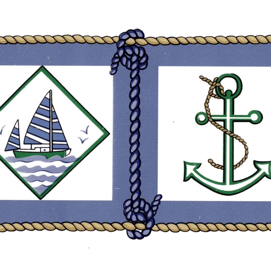 Coastal Nautical Wallpaper Border - Sailboat ,anchor, Life Rings, Boat ...