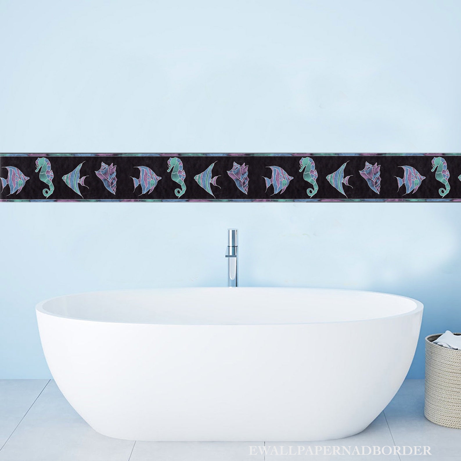Coastal Nautical Wallpaper Border, Seashell Seahorse Tropical Fish ...