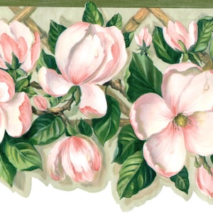 Magnolias Wallpaper Border , Waverly Scalloped Pink Flower on Rustic ...