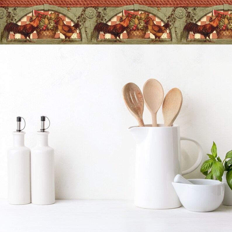 Farmhouse Rooster and Hen Wallpaper Border, Rustic Basket With ...