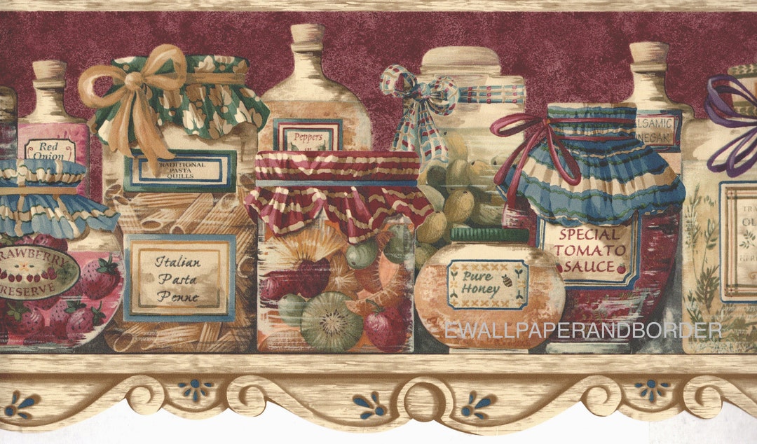 Kitchen Wallpaper Border, Vintage Food Jars and Spices on Rustic Brown ...