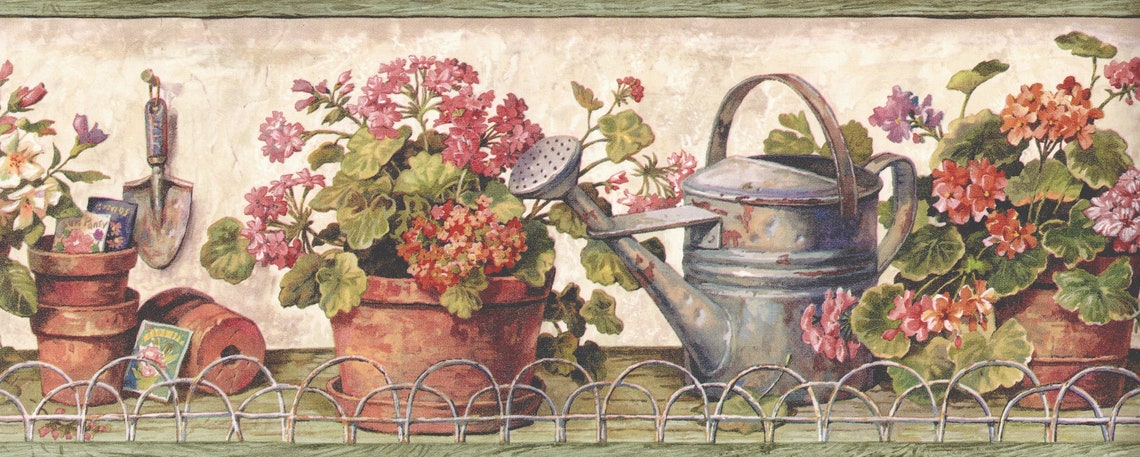 Flower Pot Garden Wallpaper Border Flower Pots Watering Can - Etsy