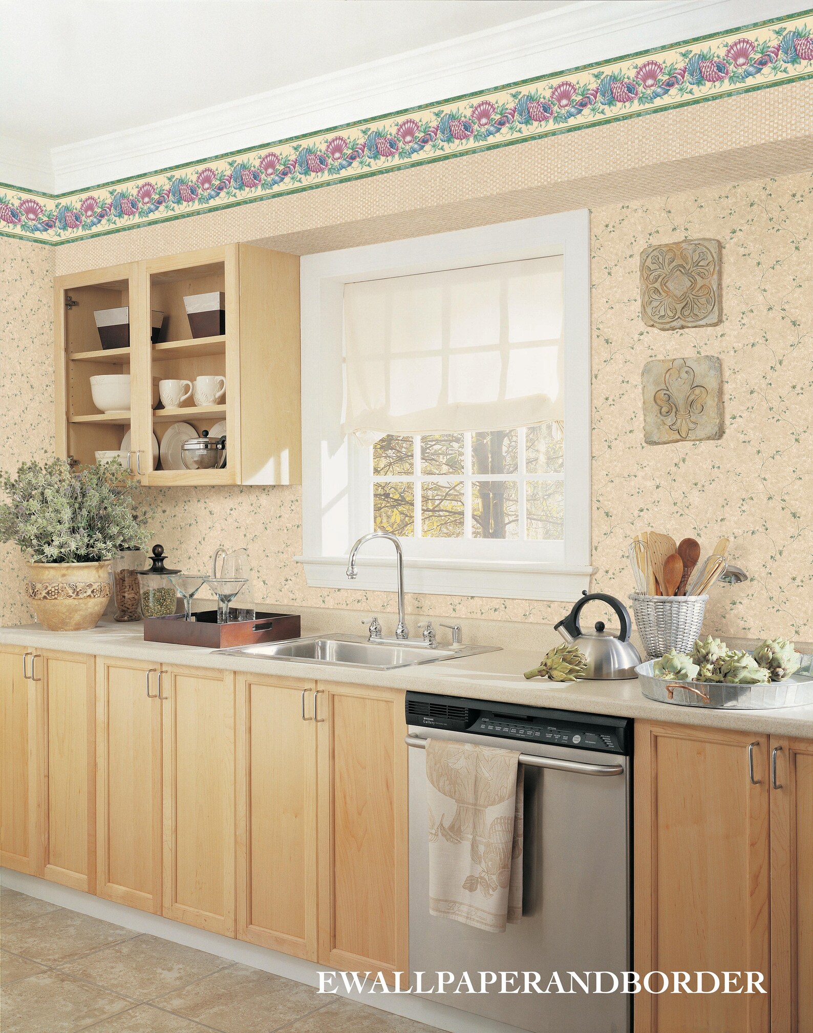 Traditional Seashell Wallpaper Border, Blue Pink Seashell Beach House ...