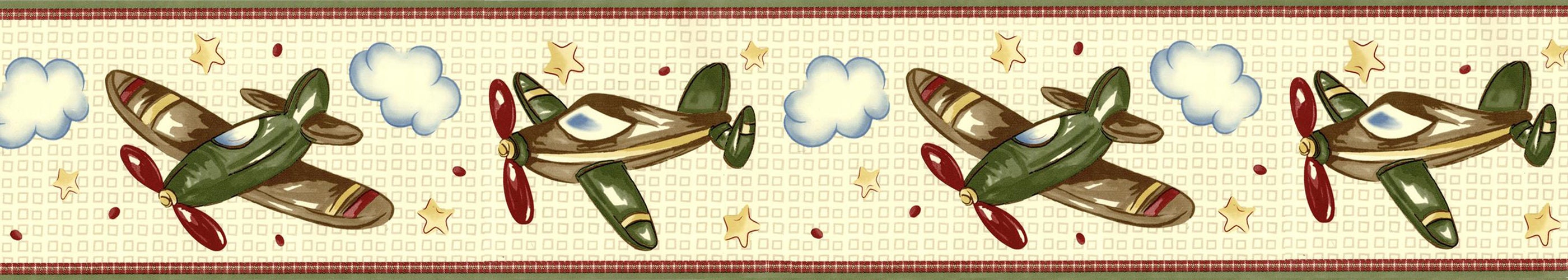 Vintage Airplane Wallpaper Border, Green Brown Blue Cloud Star Vintage ...