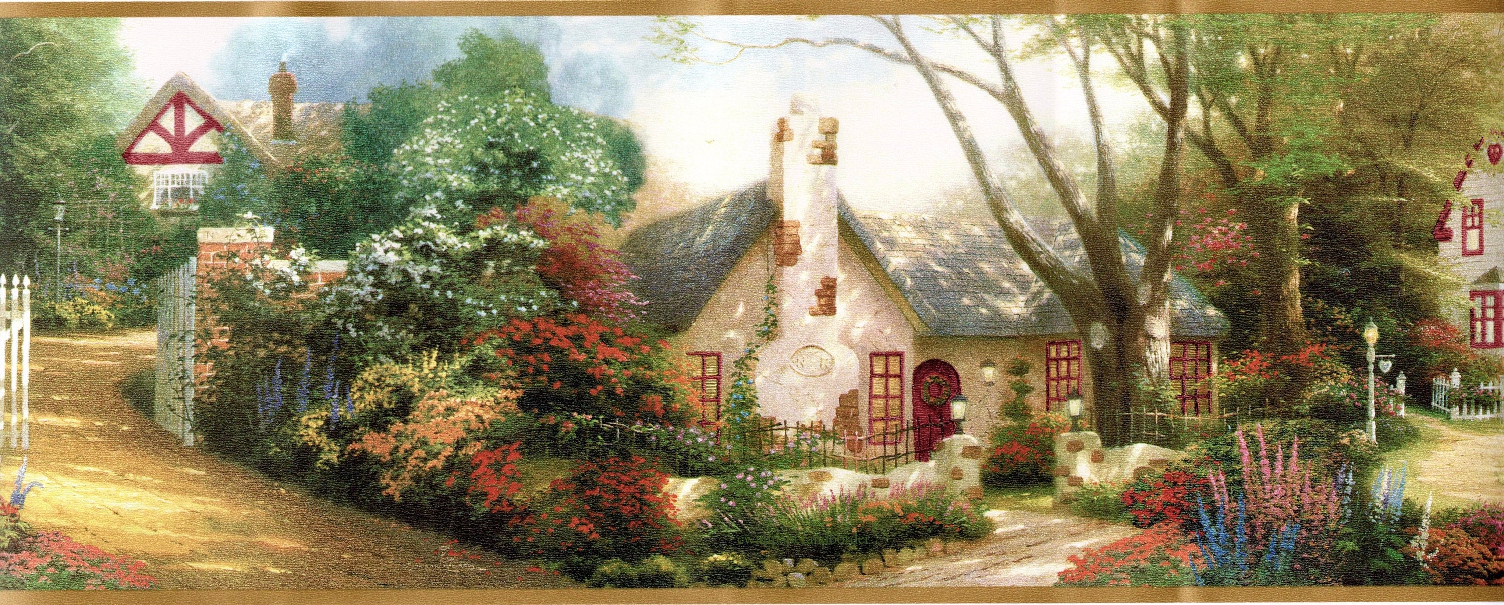 Romantic Cottage Garden Wallpaper Border, Vintage Country House With ...