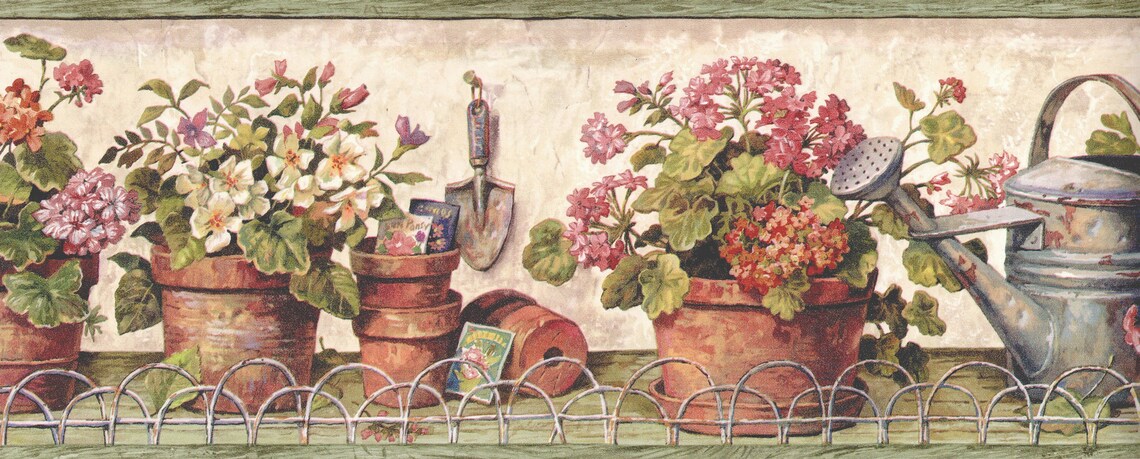 Flower Pot Garden Wallpaper Border Flower Pots Watering Can - Etsy