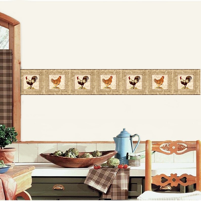 Hen and Rooster Wallpaper Border, Farmhouse Style Wall Decor, Pre ...