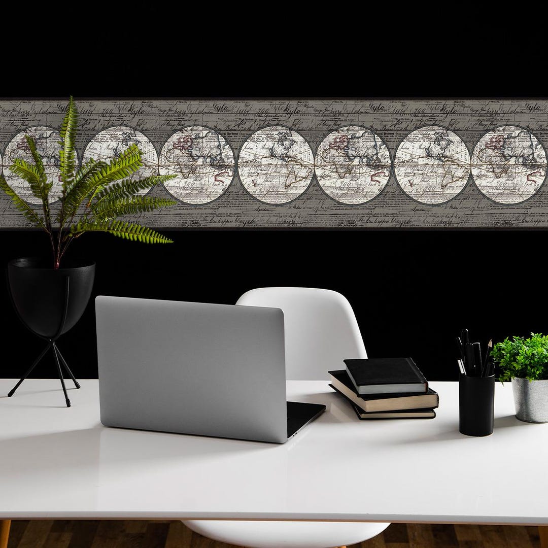 Vintage World Maps Wallpaper Border, Black and White Pre-pasted, 15' X ...