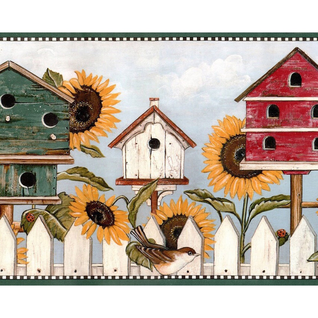 Country Birdhouse Sunflower Wallpaper Border, Rustic Farmhouse Cottage ...