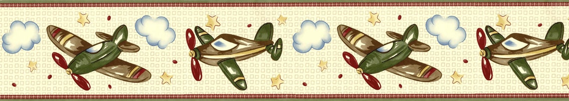 Vintage Airplane Wallpaper Border, Green Brown Blue Cloud Star Vintage ...