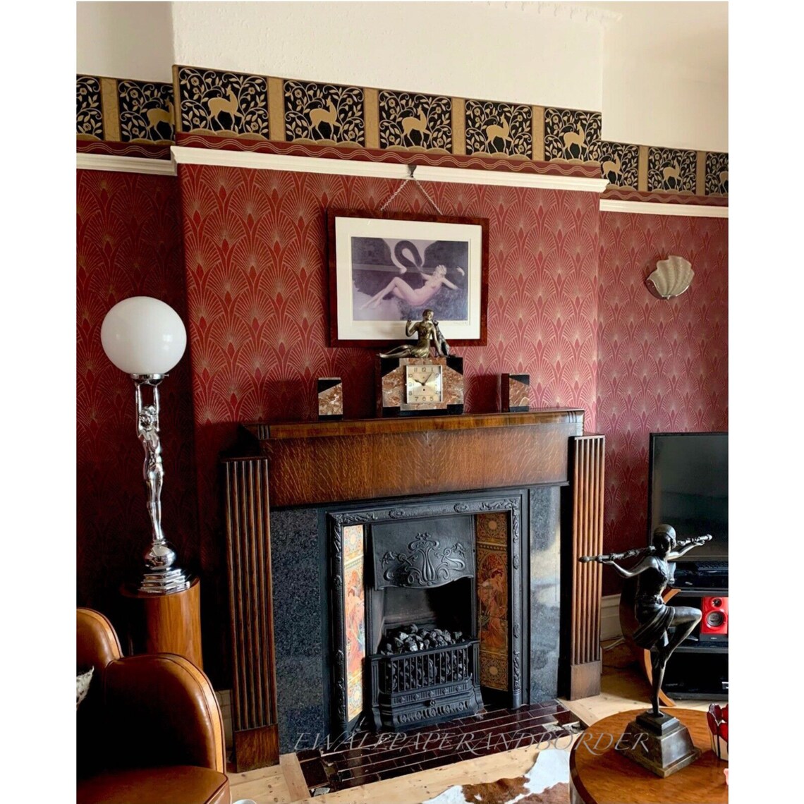 Art Deco Wallpaper Border, Metallic Black Gold Deer Scroll Leaf Motif ...