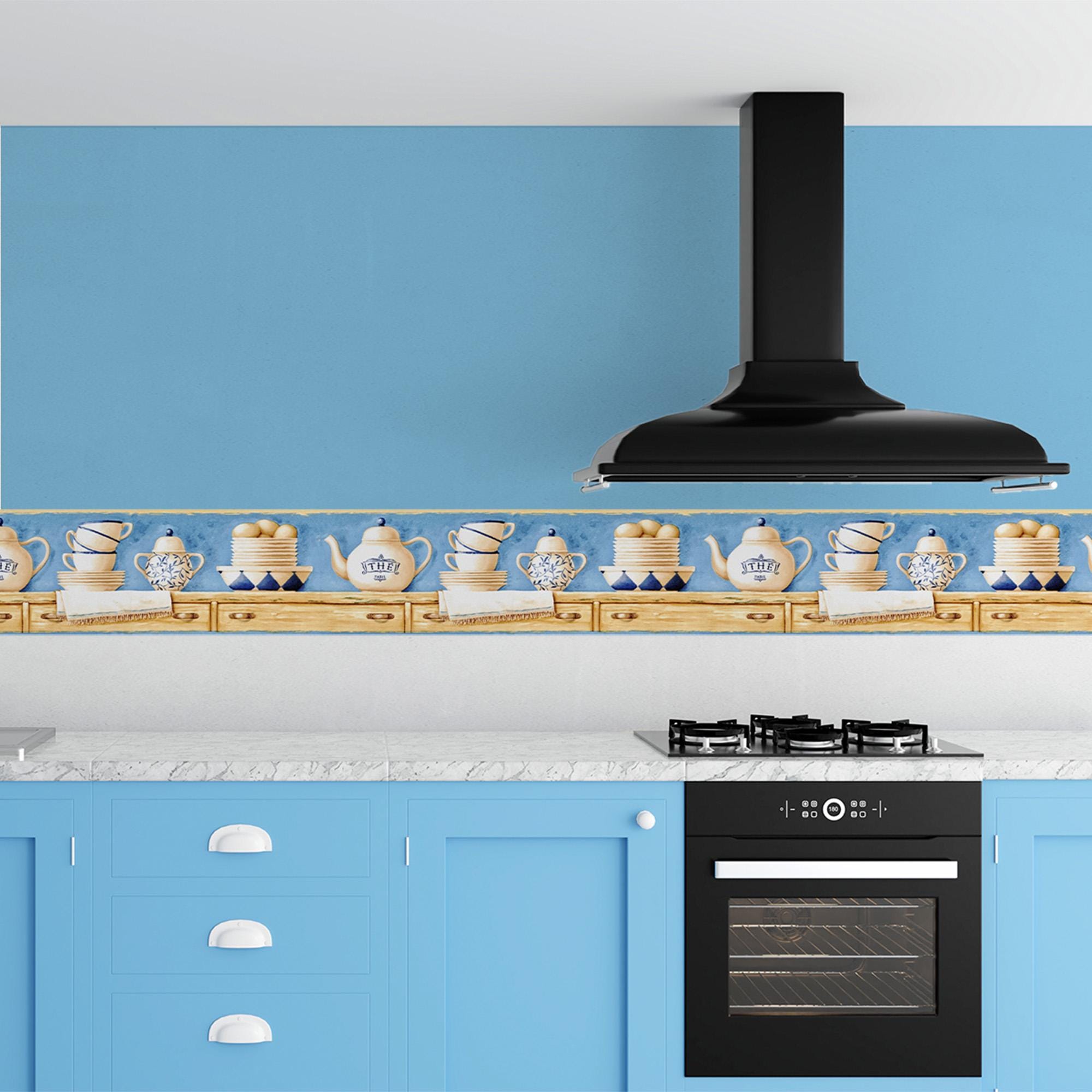 Blue French Country Kitchen Wallpaper Border 6.87 Inch – Teapot & Dish ...