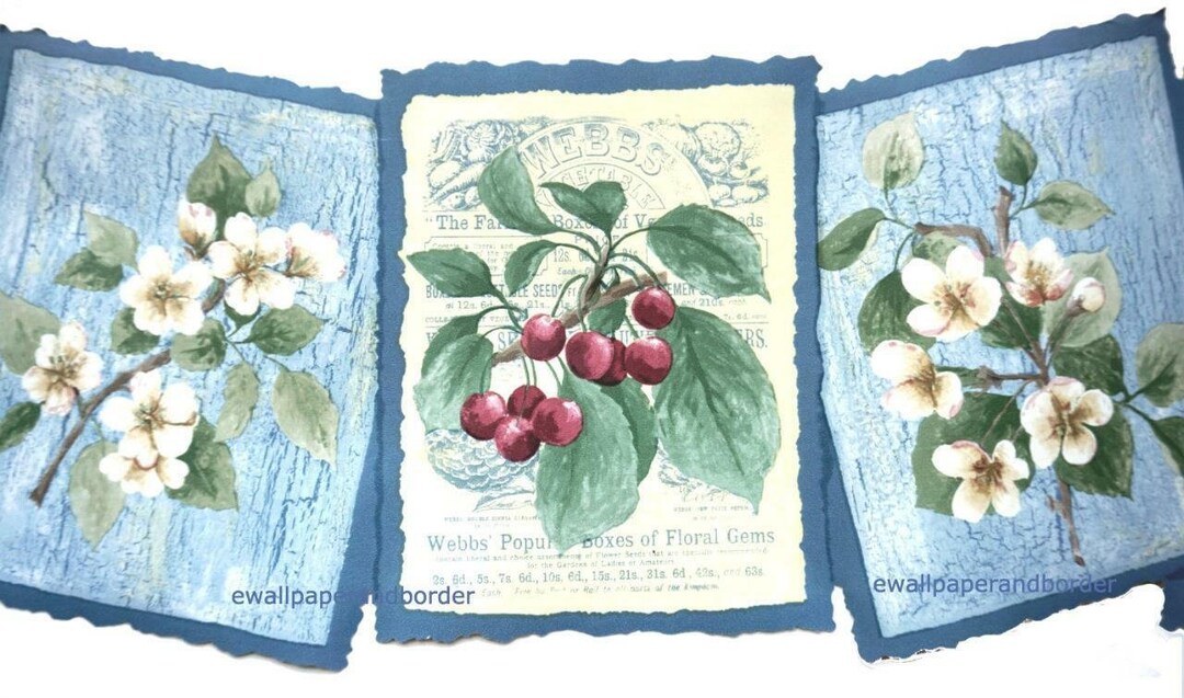 Die Cut Flower Seed Labels Wallpaper Border, White Floral Cherry ...