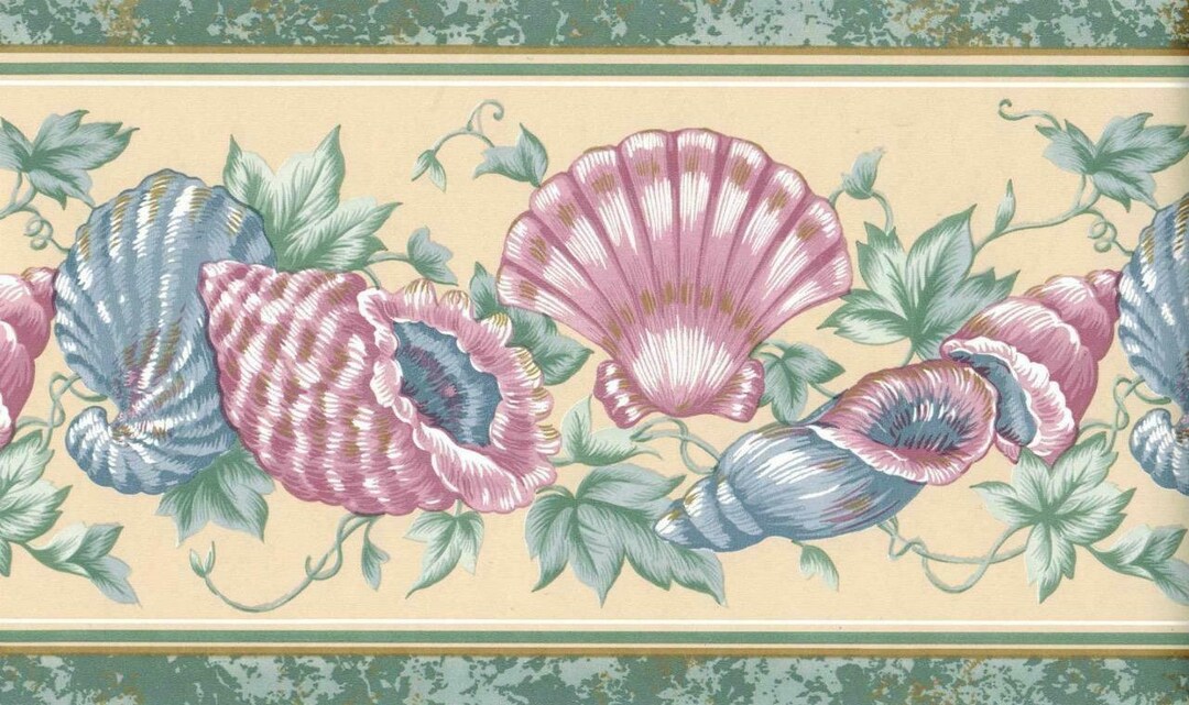 Traditional Seashell Wallpaper Border, Blue Pink Seashell Beach House ...